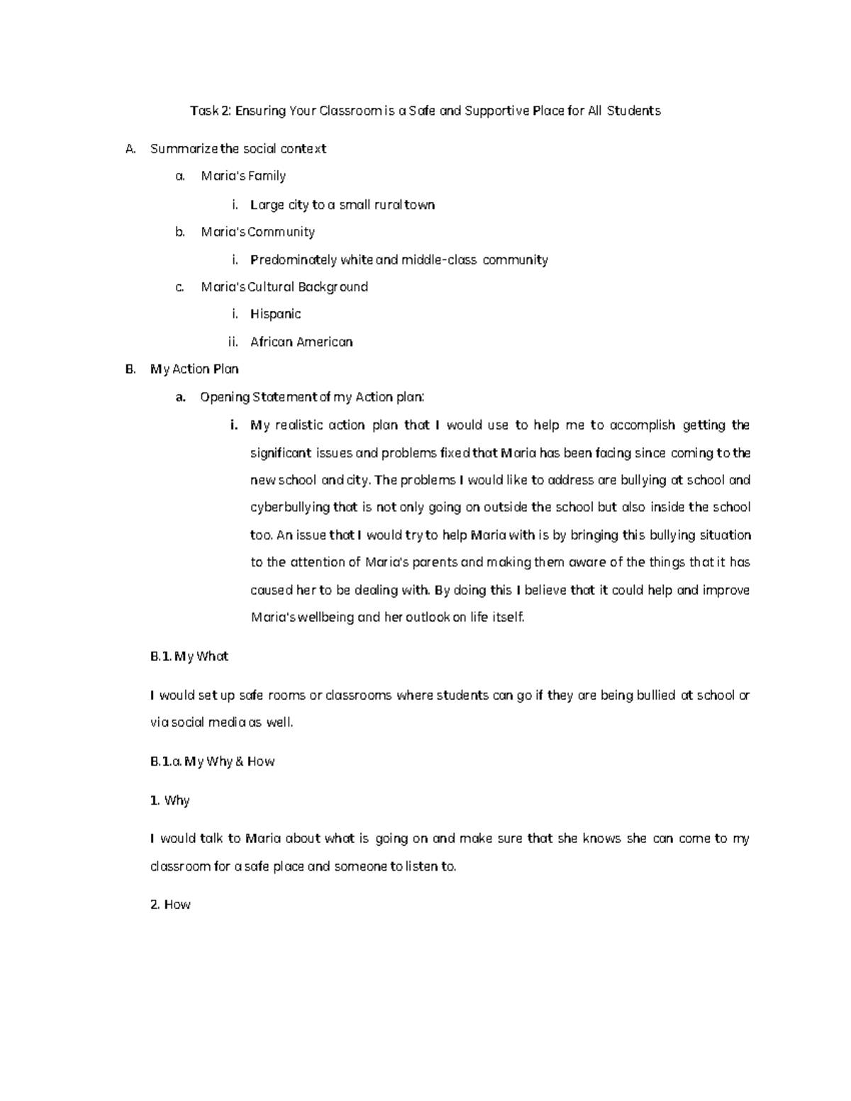 Task 2 Outline - n/a - Task 2: Ensuring Your Classroom is a Safe and ...