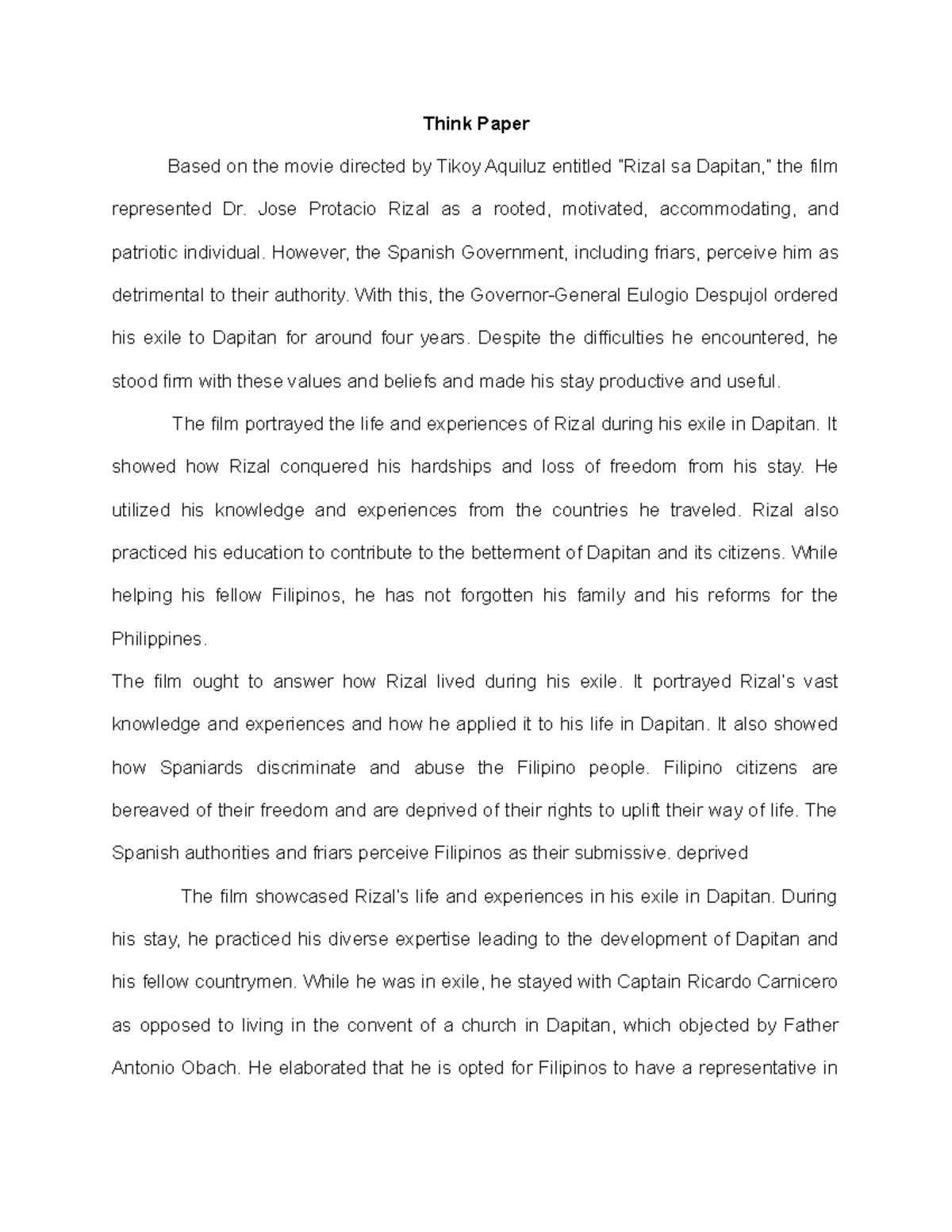 Life and Works of Rizal - Think Paper - Think Paper Based on the movie ...