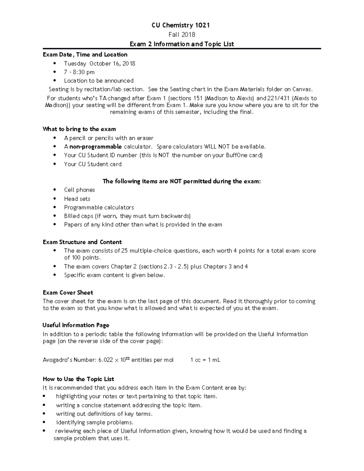 Exam 2 Topic List - CU Chemistry 1021 Fall 2018 Exam 2 Information and ...