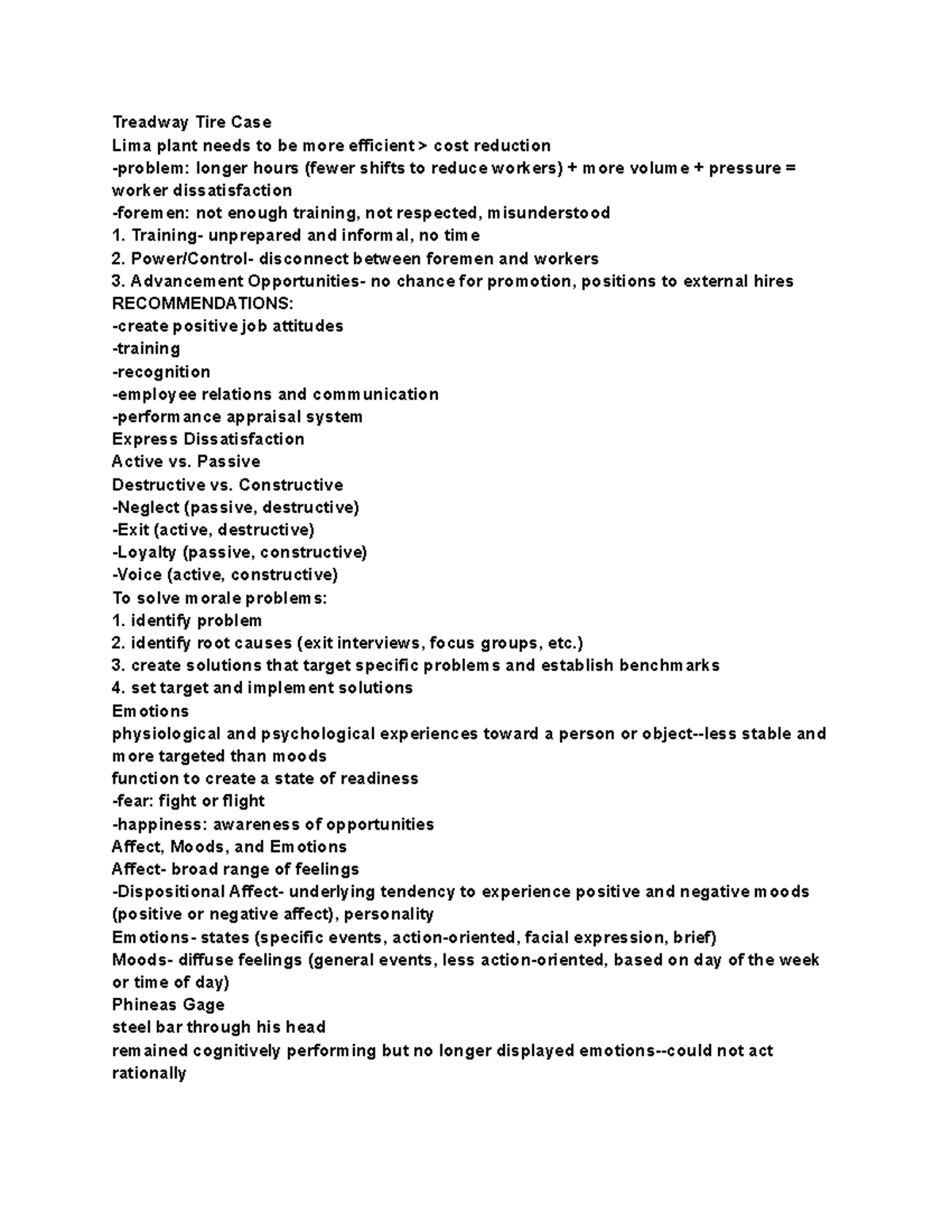 Busi 405 (40) - lecture notes - Treadway Tire Case Lima plant needs to ...