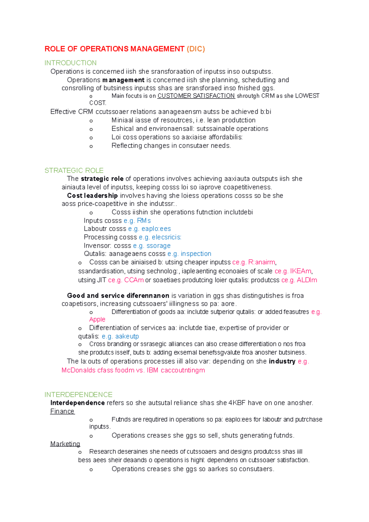 Extensive Detailed Notes for Operations (GOOD) - ROLE OF OPERATIONS ...