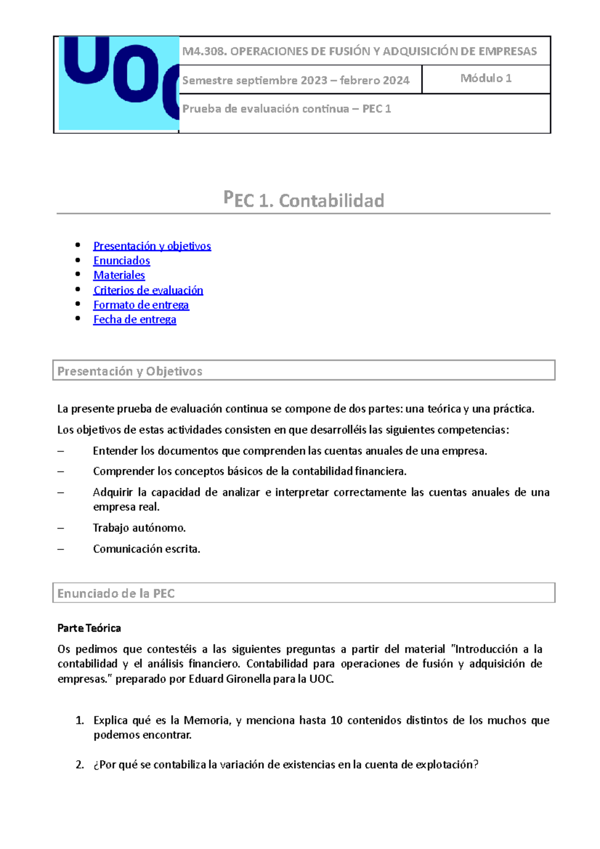 PEC 1 Contabilidad 2023-24 - M4. OPERACIONES DE FUSIÓN Y ADQUISICIÓN DE EMPRESAS Semestre ...