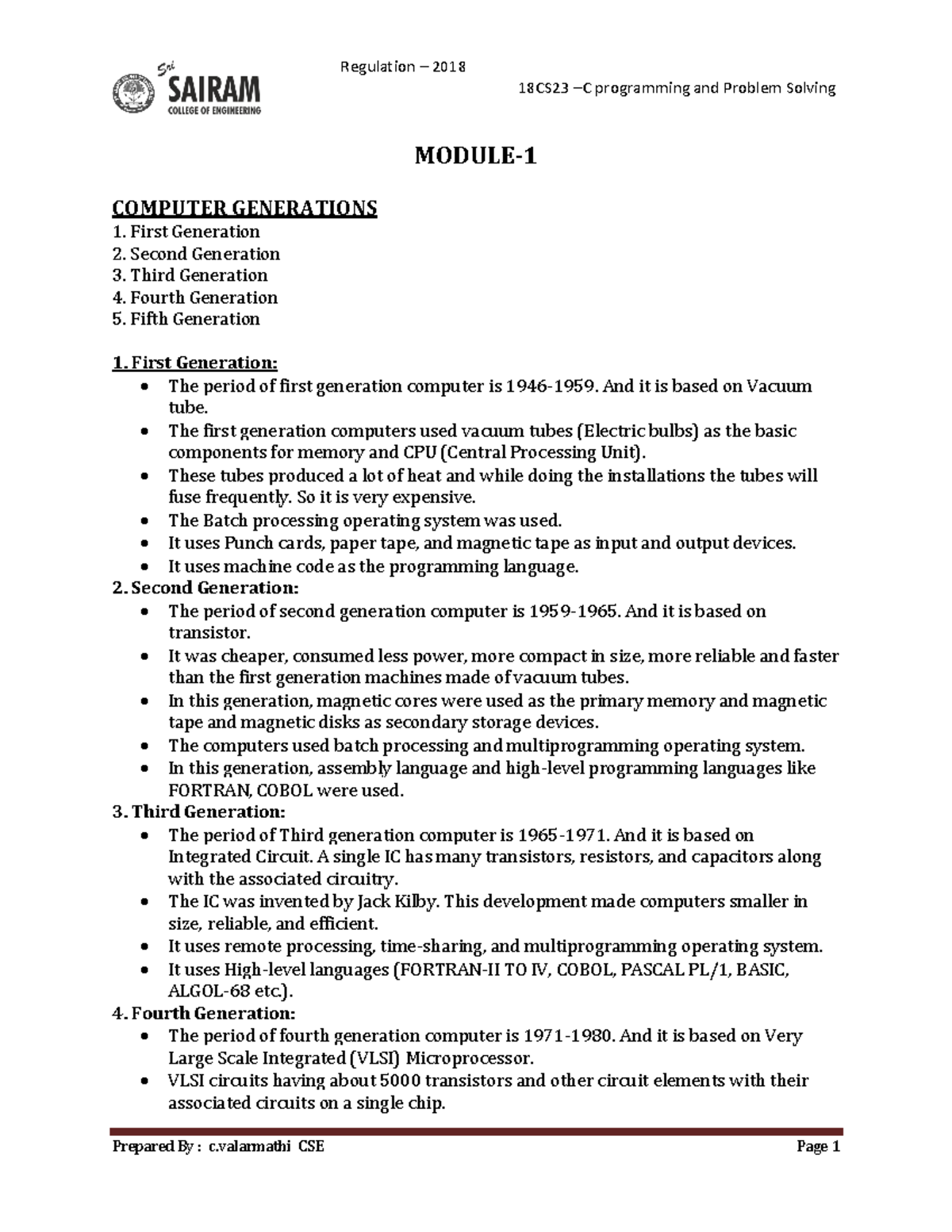 C programming 1 module - 18CS23 – C programming and Problem Solving MODULE- COMPUTER GENERATIONS ...