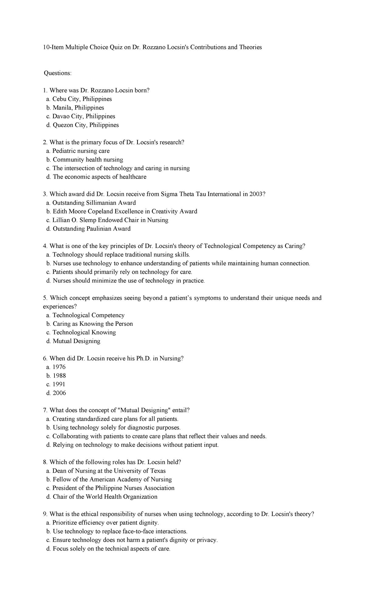 Technological Nursing AS Caring Model G6 - 10-Item Multiple Choice Quiz ...
