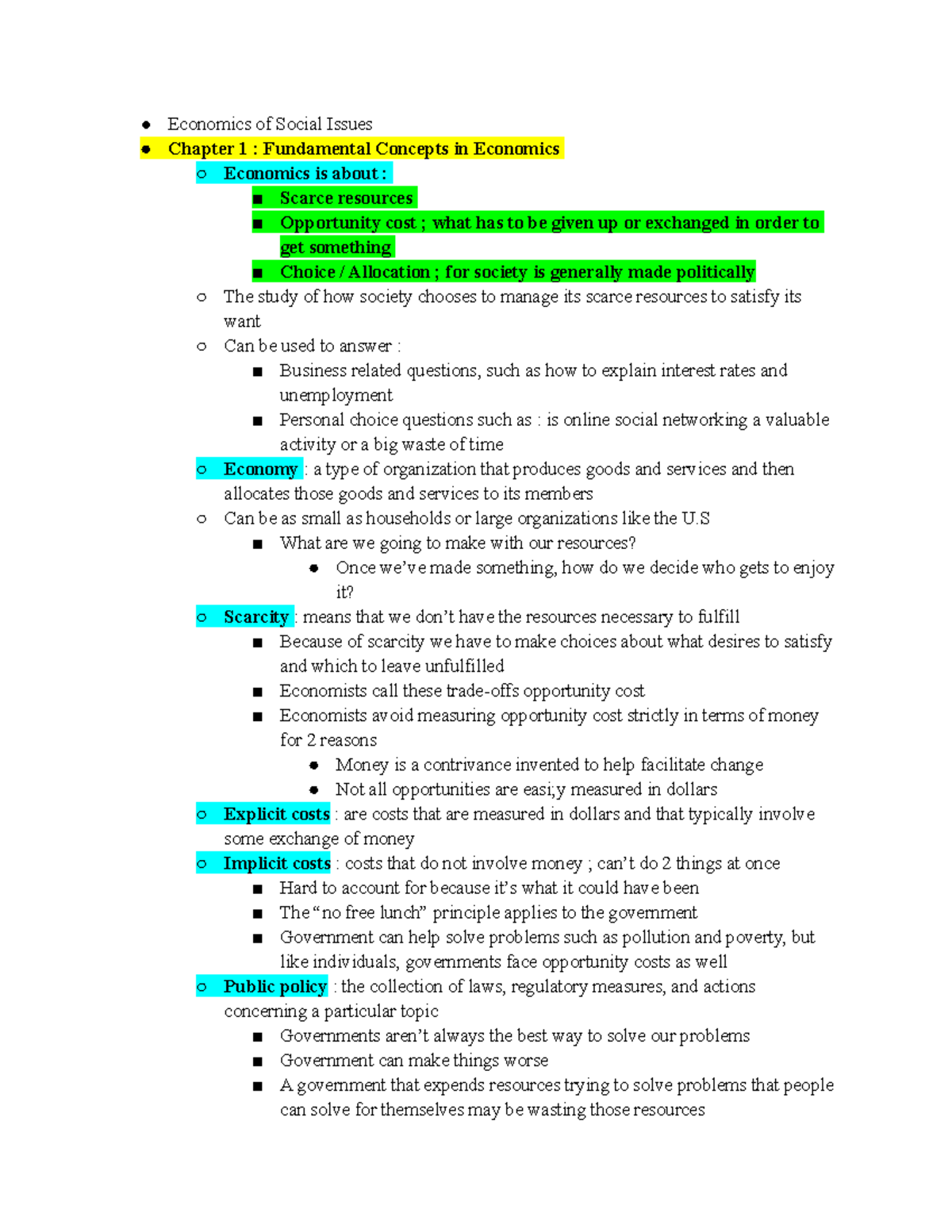 Chapters 1-4 - Economics of Social Issues Chapter 1 : Fundamental Concepts in Economics - Studocu