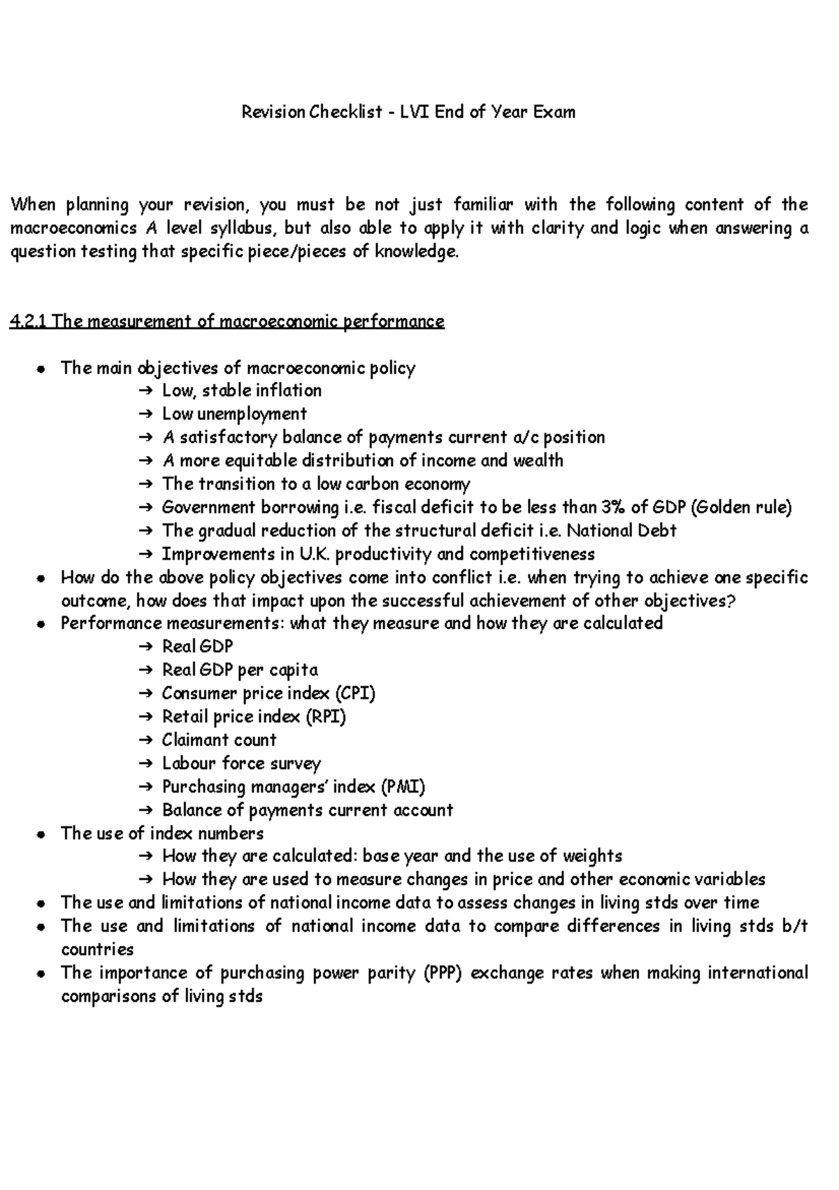 Revision for the - Revision Checklist - LVI End of Year Exam When ...