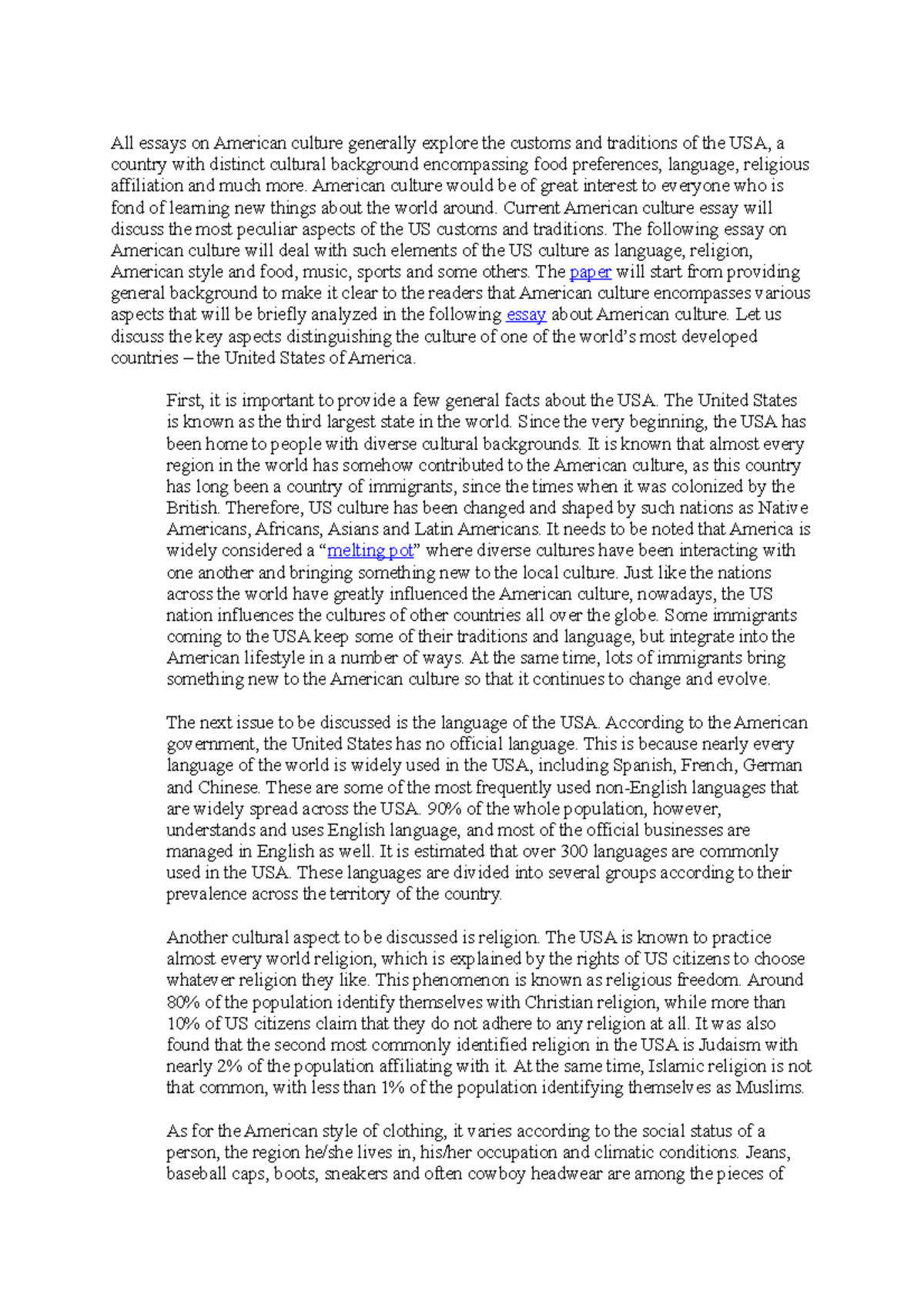 American culture and traditions - All essays on American culture ...