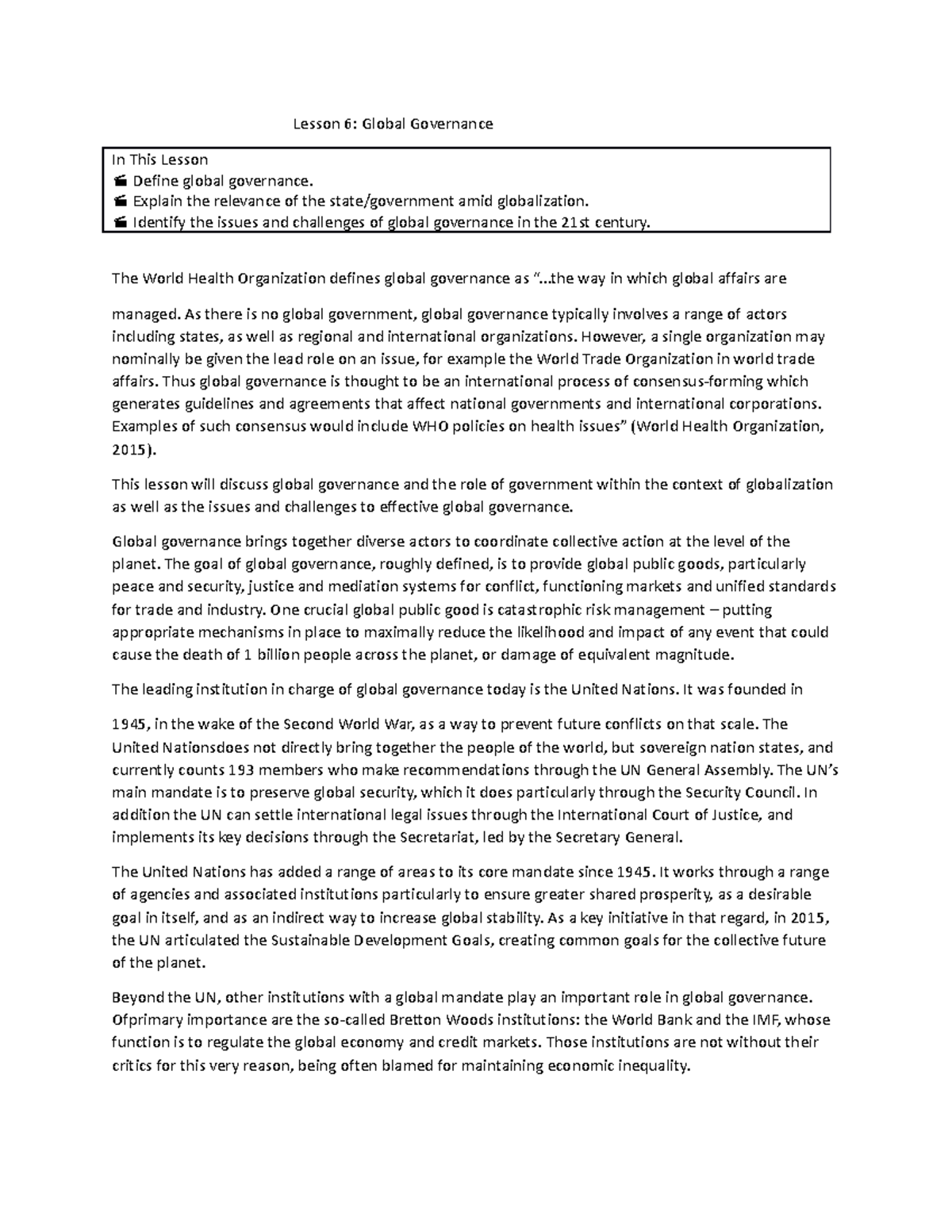 Global Governance - ... - Lesson 6: Global Governance In This Lesson ...