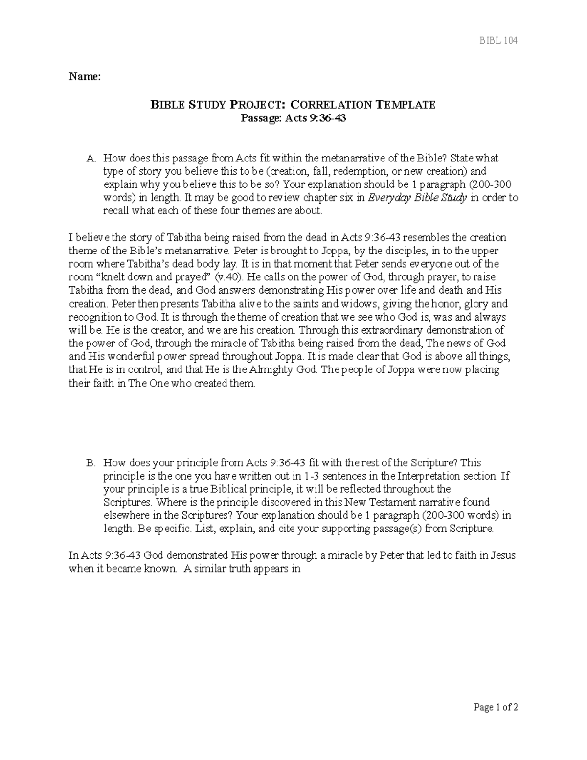 Bible Study Project - BIBL 104 Name: BIBLE STUDY PROJECT: CORRELATION ...