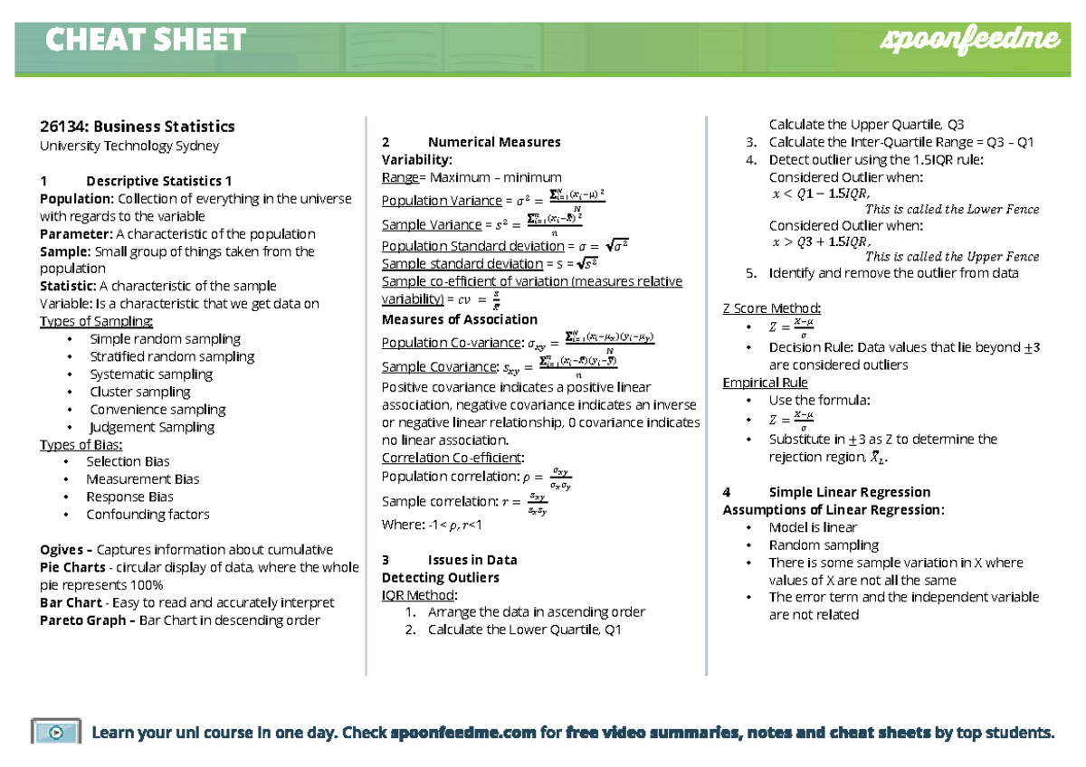 26134 Business Statistics Cheatsheet - ! CHEAT SHEET 26134: Business ...