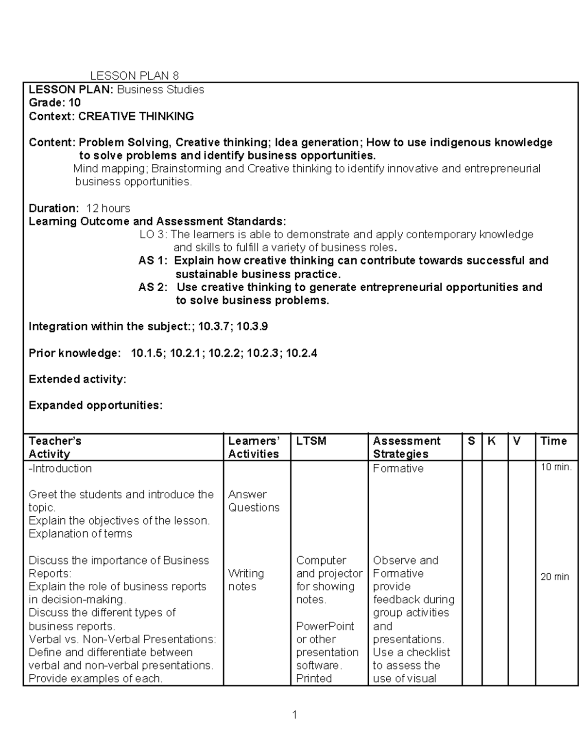 lessson plan business studies grade 10 - LESSON PLAN 8 LESSON PLAN ...