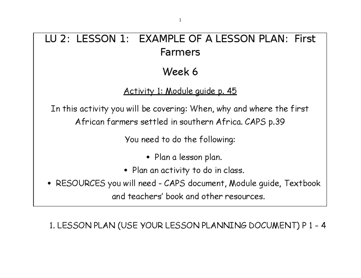 LU 2 (TISS 6211) Lesson 1 - Example OF A Lesson PLAN - First farmers - WEEK 5 & 6 - LU 2: LESSON ...