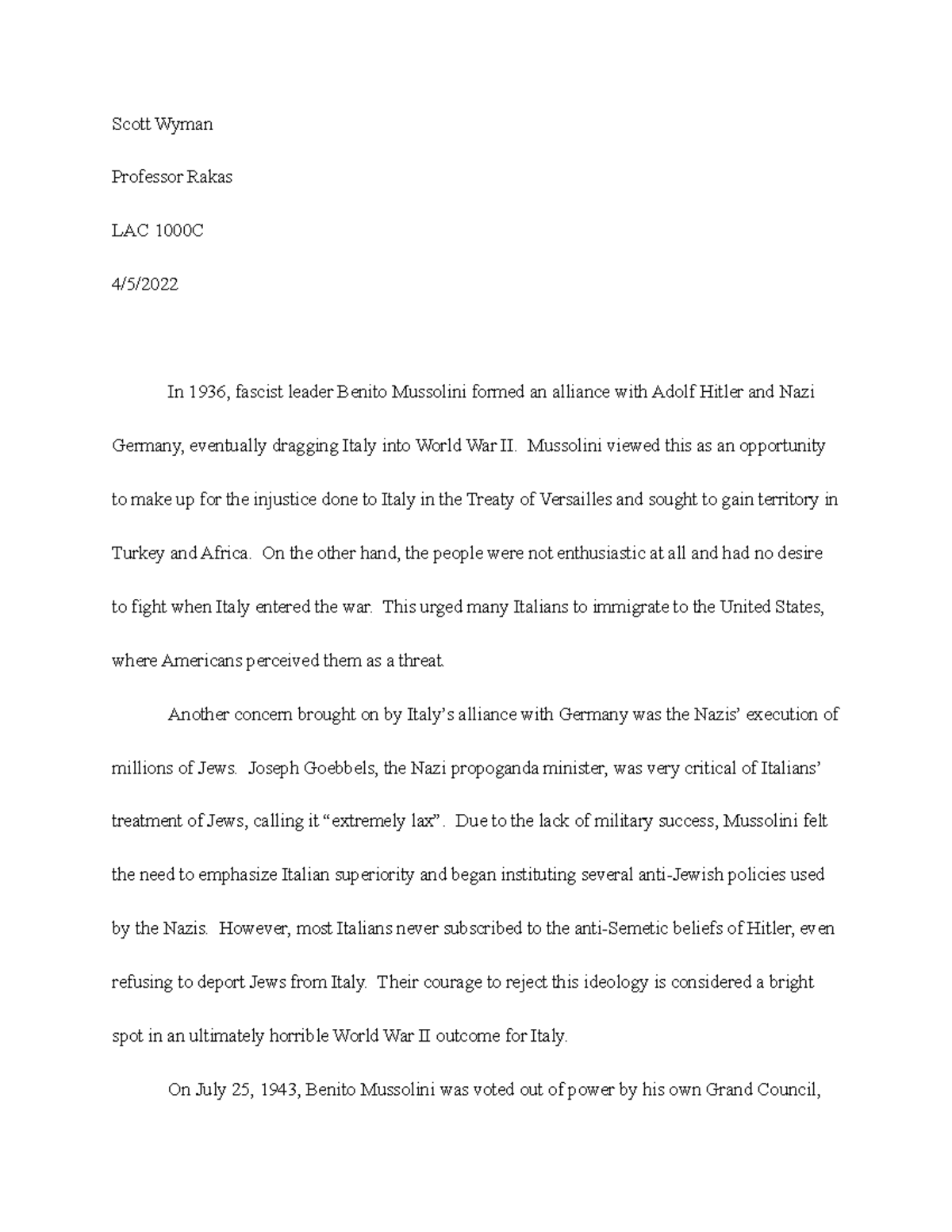 WW2 Essay - Paper about World War II's effect on Italy - Scott Wyman ...