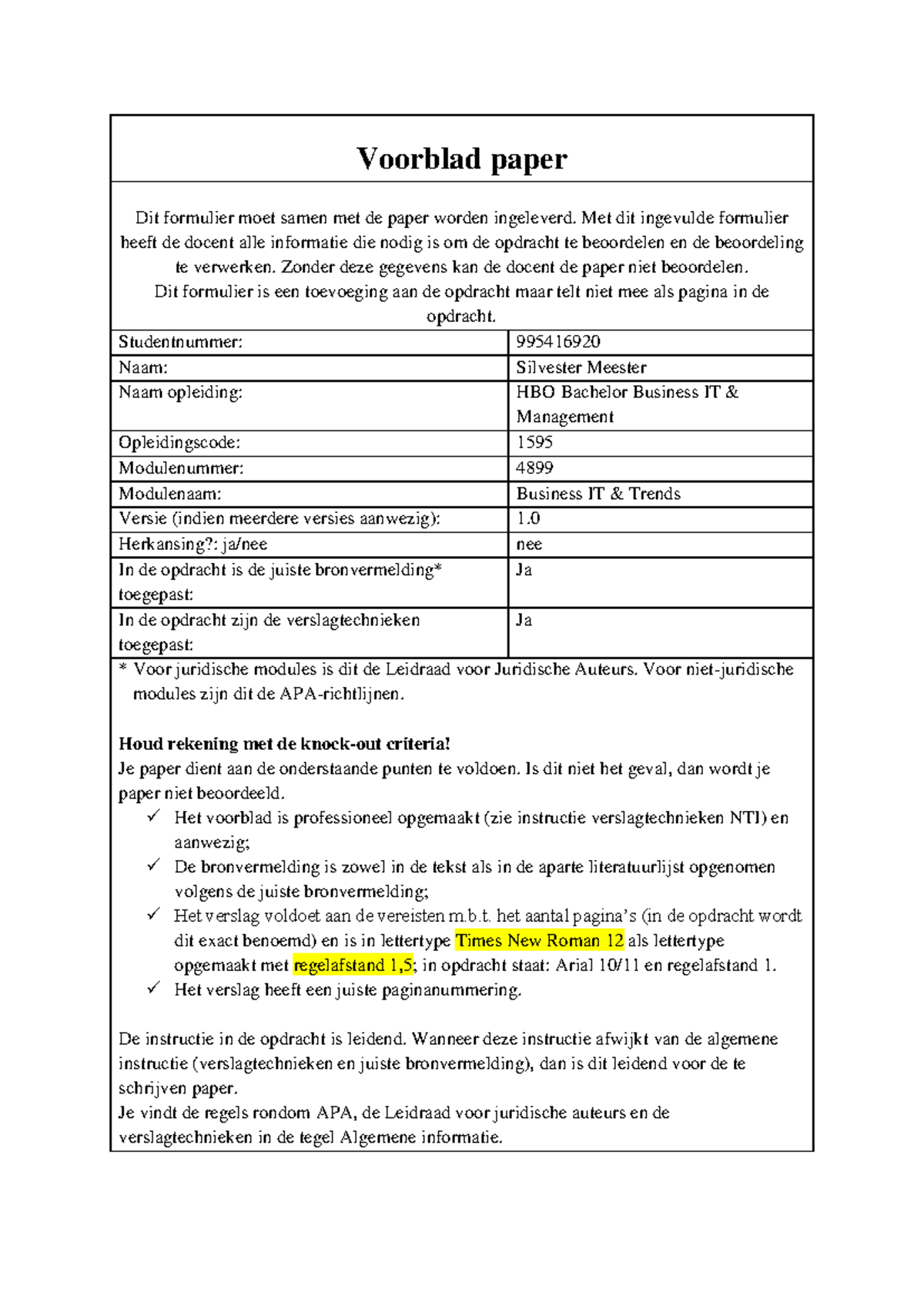 Business & IT Trends module opdracht - Voorblad paper Dit formulier ...