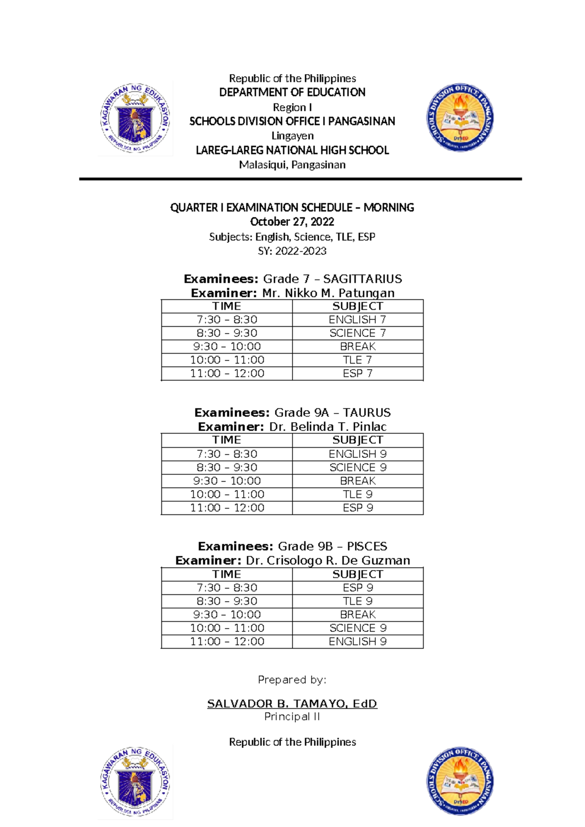 Exam Schedule (Q1) SY. 2022 - 2023 - Republic of the Philippines DEPARTMENT OF EDUCATION Region ...
