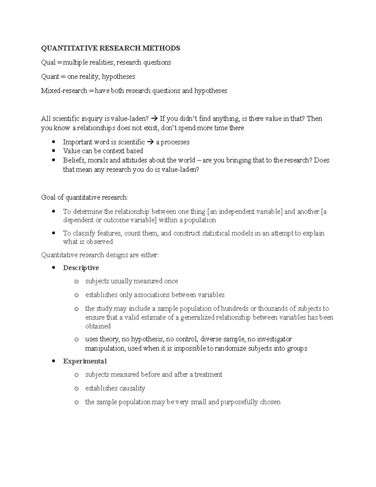 Quantitative Methods - QUANTITATIVE RESEARCH METHODS Qual = multiple ...