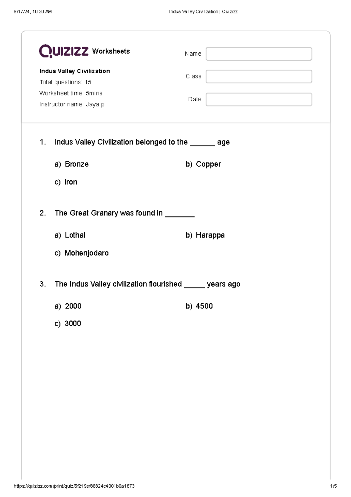 Indus Valley Civilization Quizizz - Worksheets Indus Valley ...