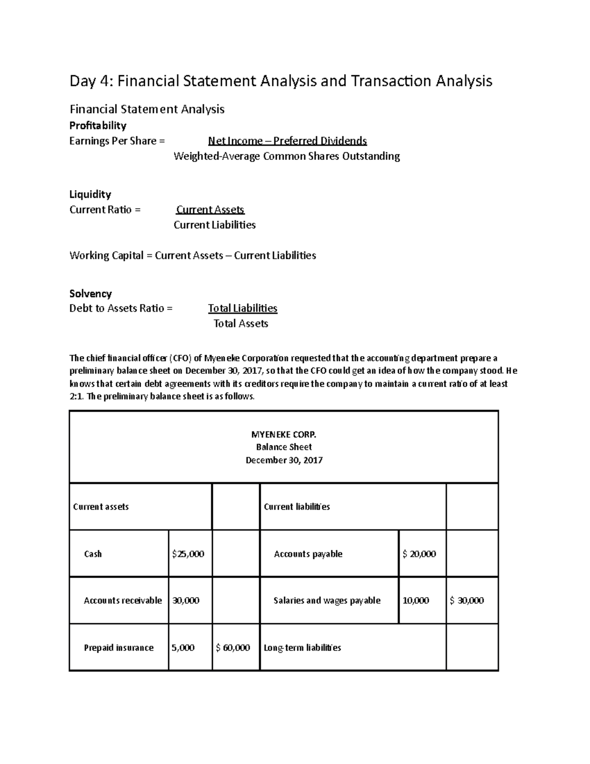 Financial Statement Analysis and Analyzing Transactions - Day 4 ...