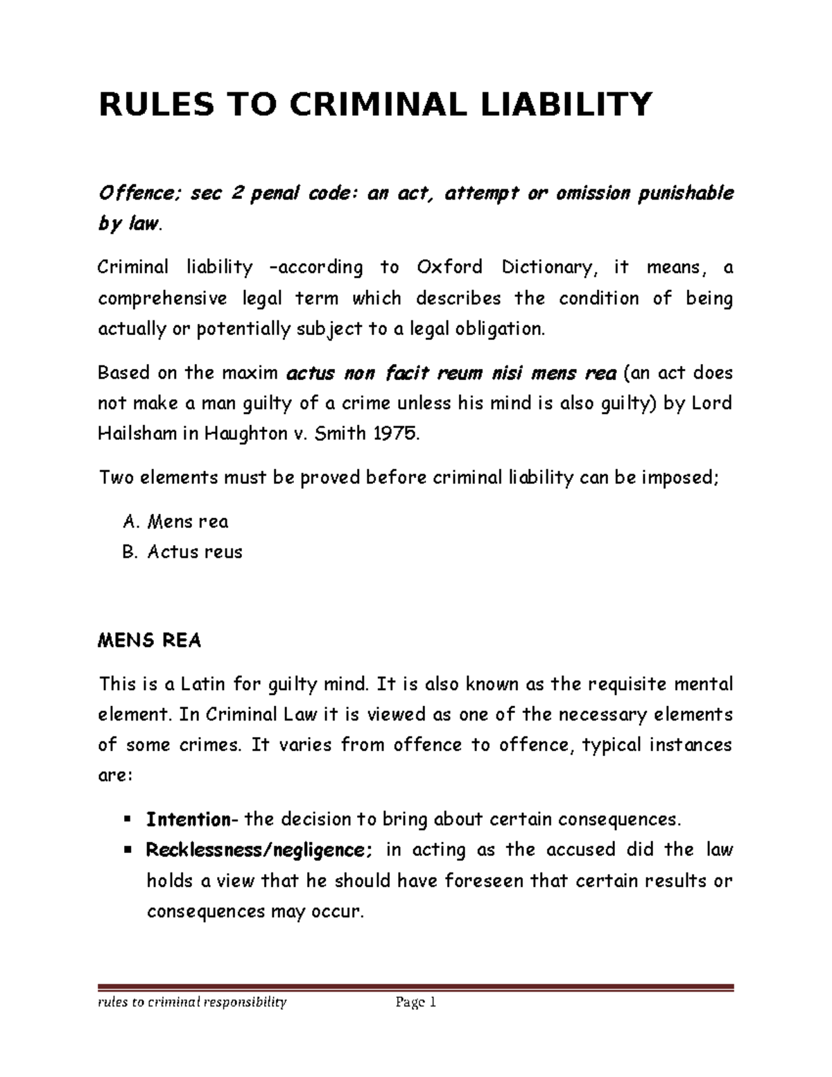 Rules TO Criminal Liability - RULES TO CRIMINAL LIABILITY Offence; sec ...