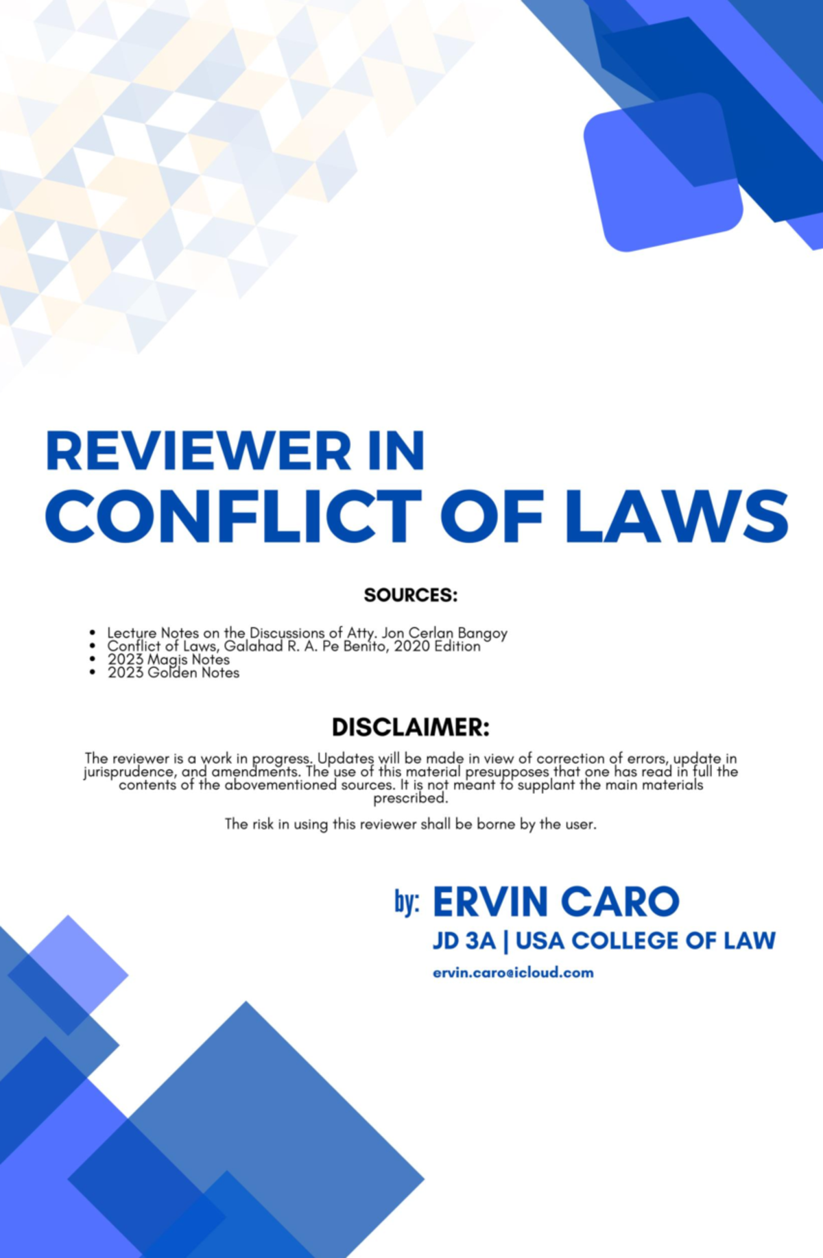 Conflict of Laws Reviewer - EGSC 2023 | JD 3A 2023- 2024 USA COLLEGE OF ...