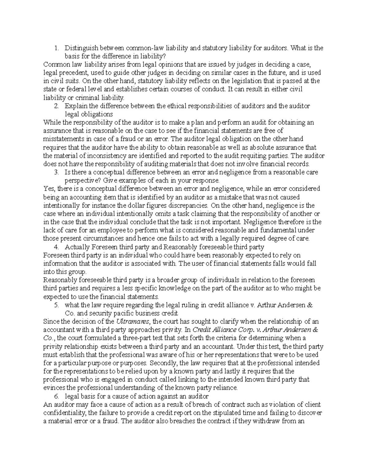 Auditing qstns - Distinguish between common-law liability and statutory ...