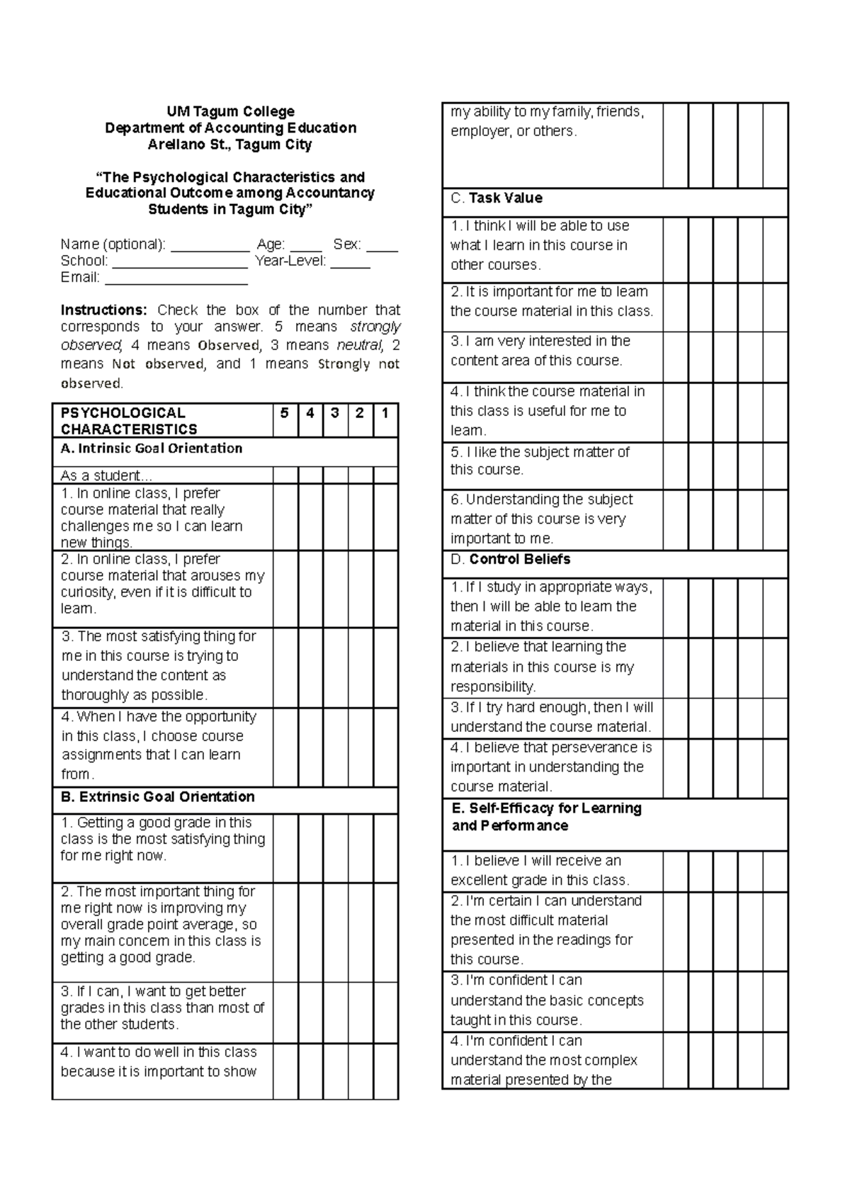 Questionnaire Edited - research - UM Tagum College Department of ...