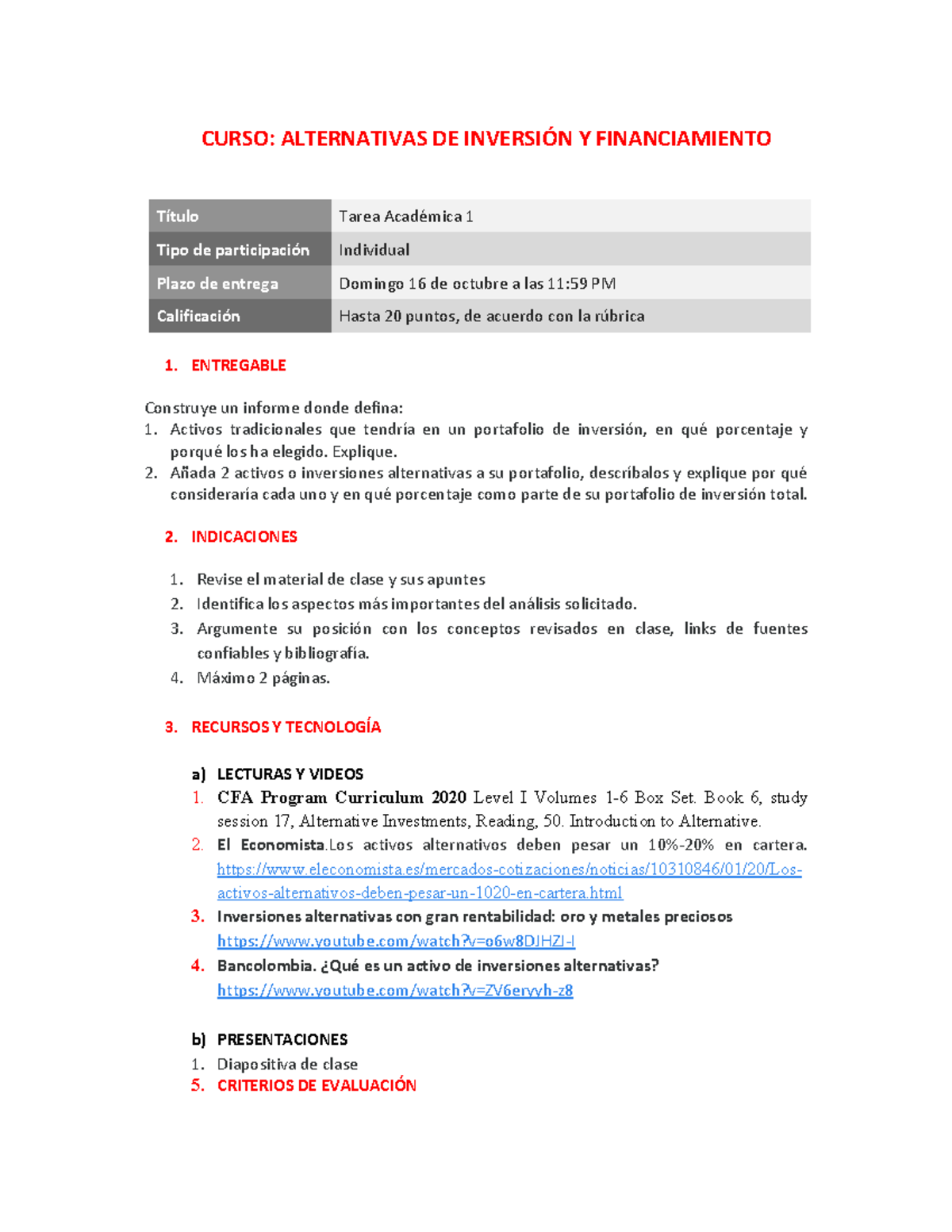 Ficha Tarea Académica 1 - Inversiones Alternativas - CURSO: ALTERNATIVAS DE INVERSI”N Y - Studocu
