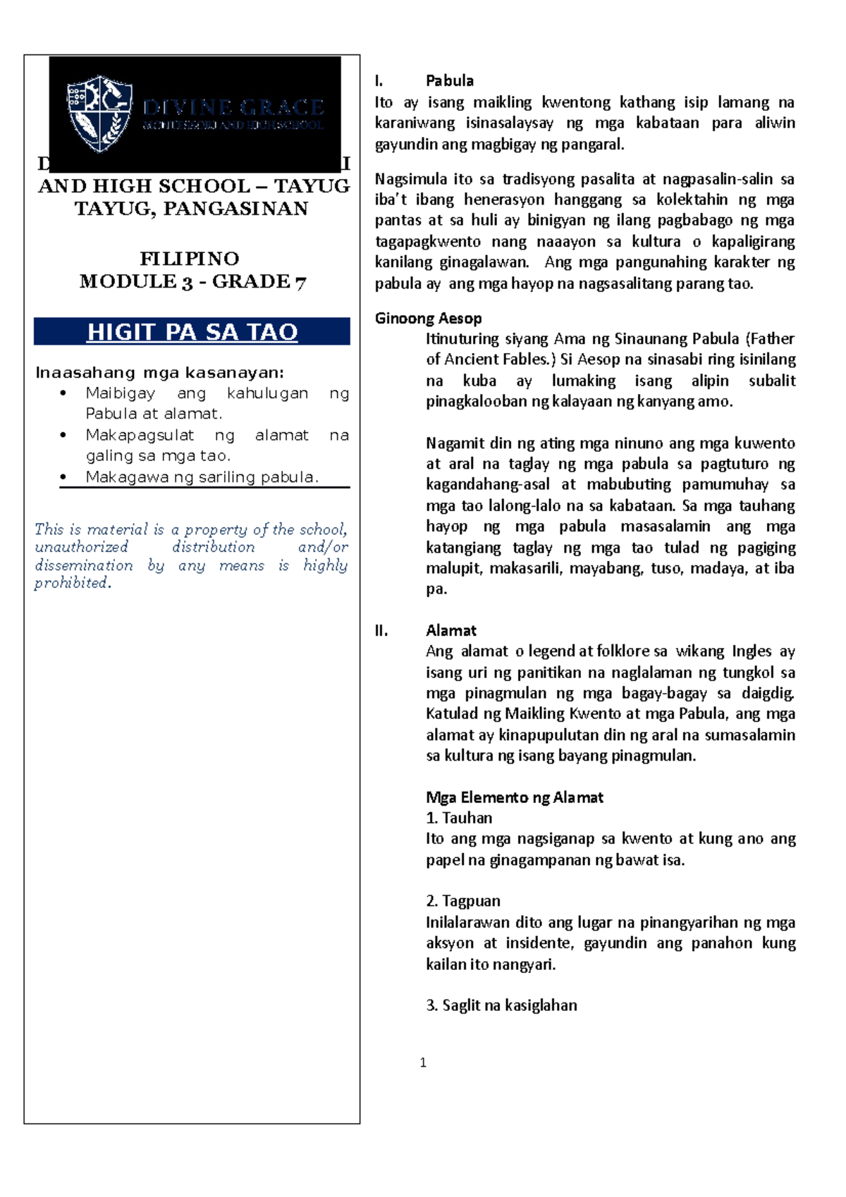 Grade-7 Module-3 Filipino - I. Pabula Ito ay isang maikling kwentong ...