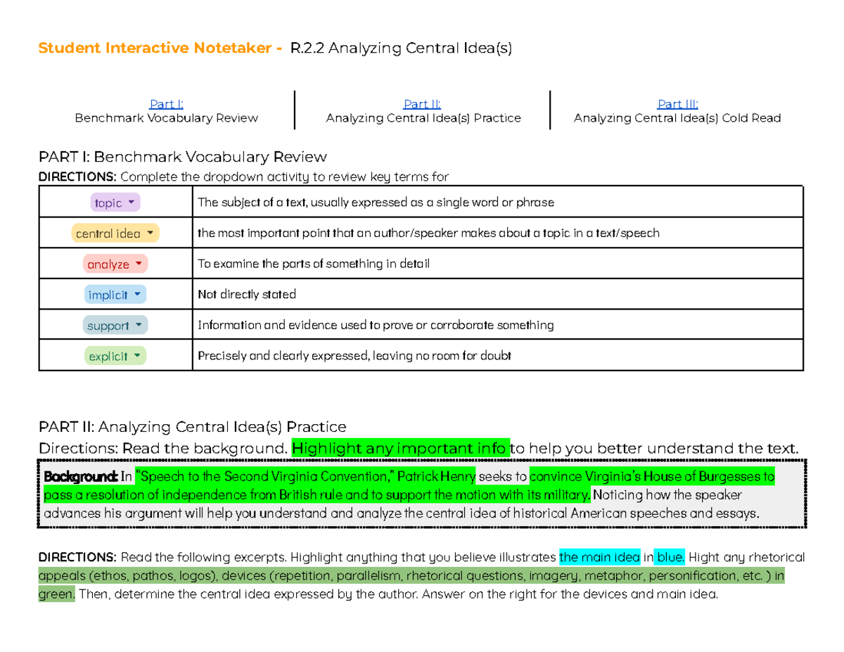 Jp Copy of E2 Noble Student Interactive Notetaker - R.2.2 Central Ideas ...