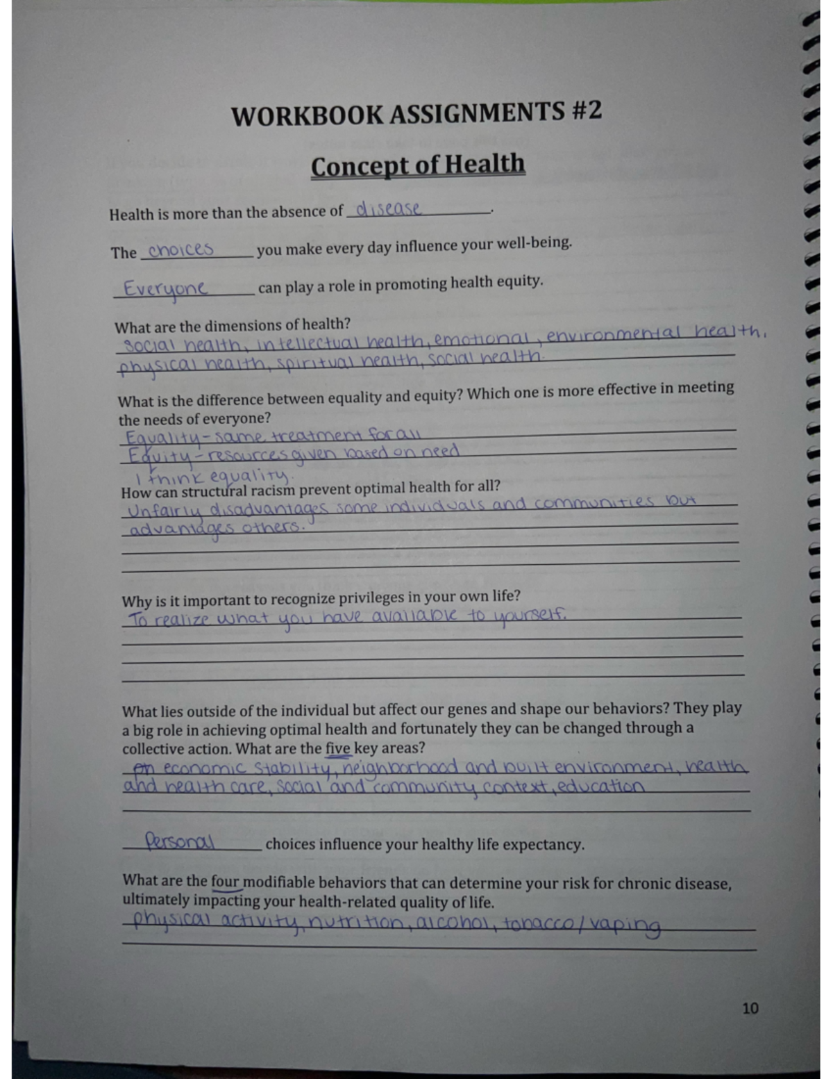 Wkbk #2 - Health 1000 workbook assignments - WORKBOOK ASSIGNMENTS Concept of Health Health is ...