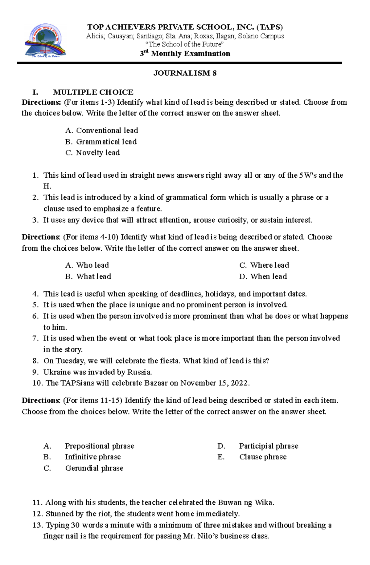 3RD Monthly EXAM IN Journalism 8 - TOP ACHIEVERS PRIVATE SCHOOL, INC ...