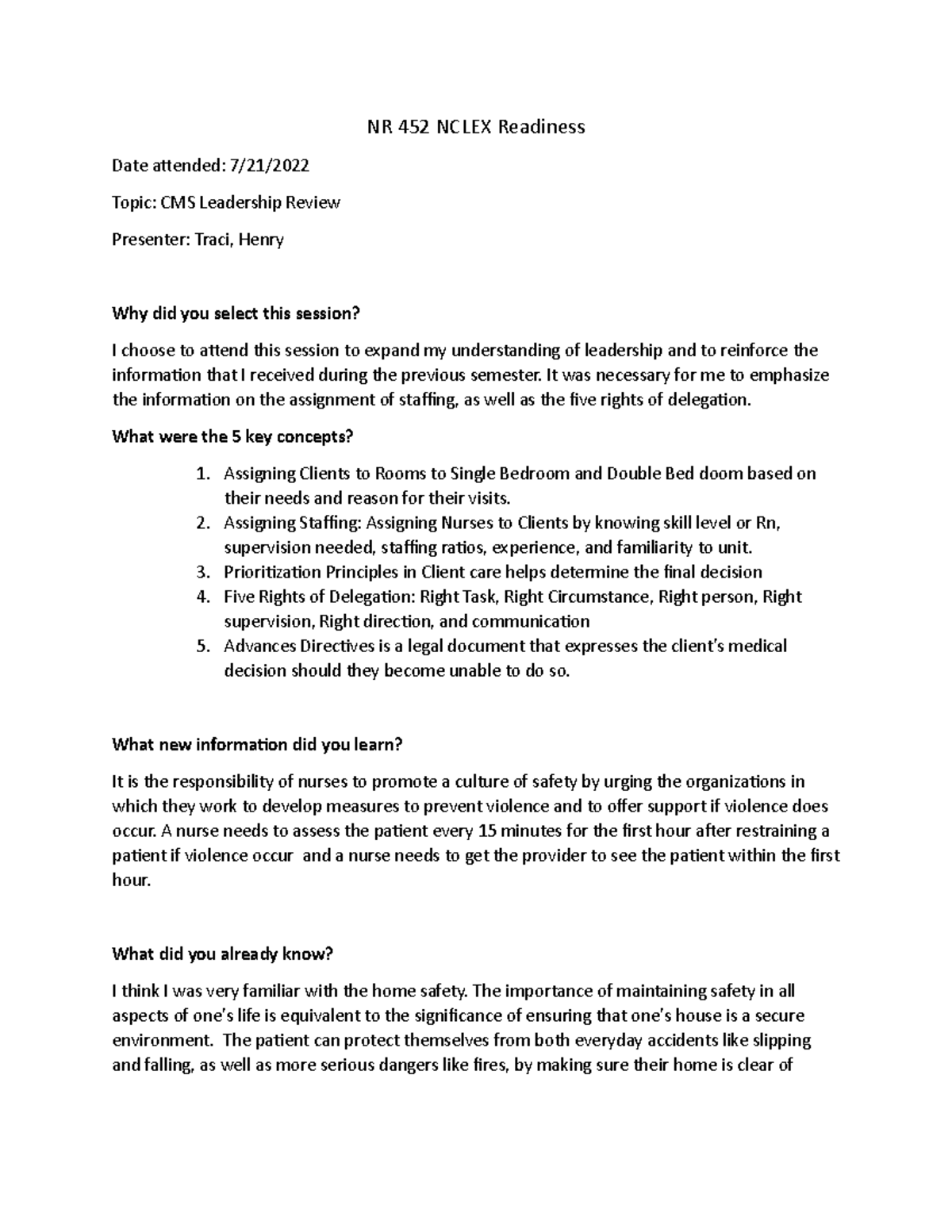 NR 452 Nclex Readiness Week - NR 452 NCLEX Readiness Date attended: Topic: CMS Leadership Review ...