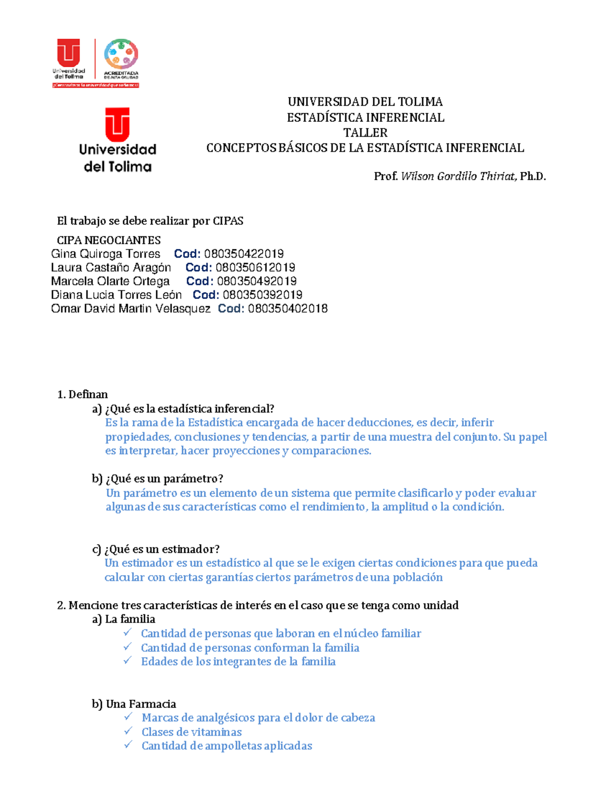 Estadistica - UNIVERSIDAD DEL TOLIMA ESTADÕSTICA INFERENCIAL TALLER CONCEPTOS B¡SICOS DE LA ...