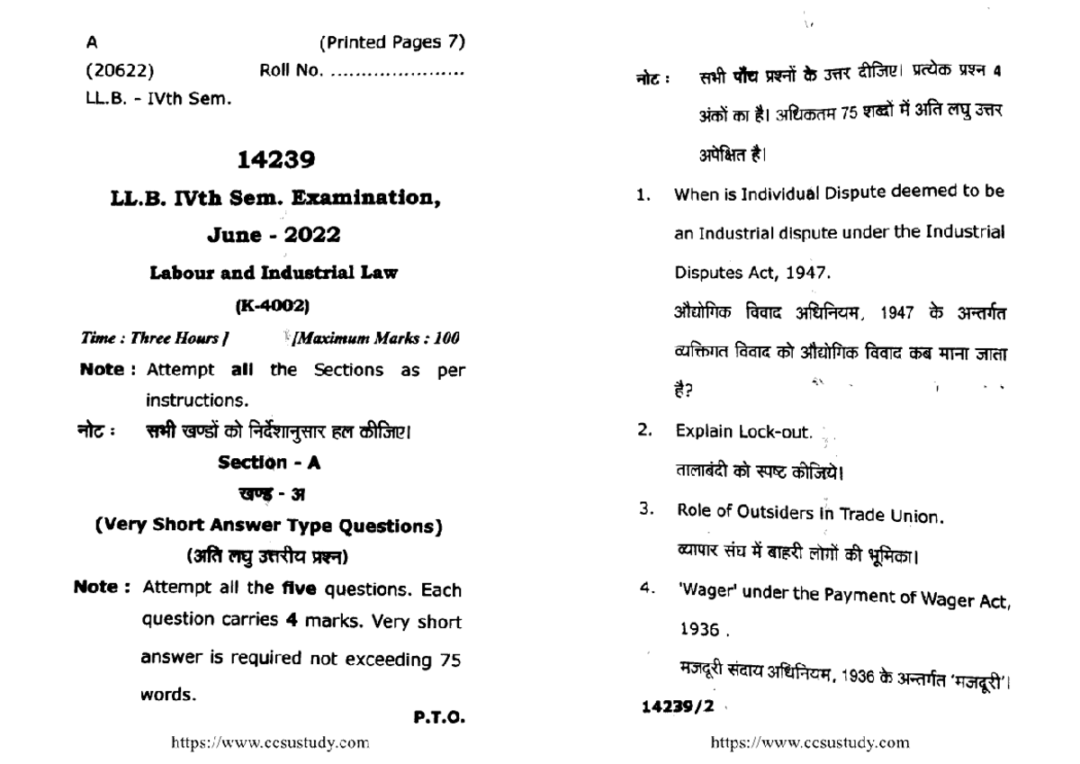 Llb 4 sem labour and industrial law 14239 jun 2022 - LLB - Studocu