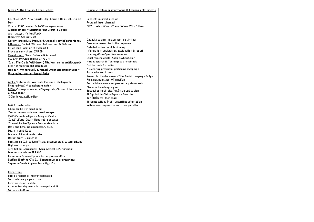 INS1502 Notes for 2022 - Lesson 1: The Criminal Justice System CJS of ...
