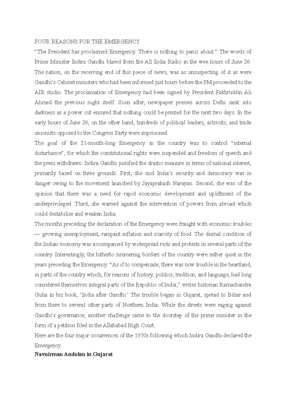 FOUR Reasons FOR THE Emergency - FOUR REASONS FOR THE EMERGENCY “The ...