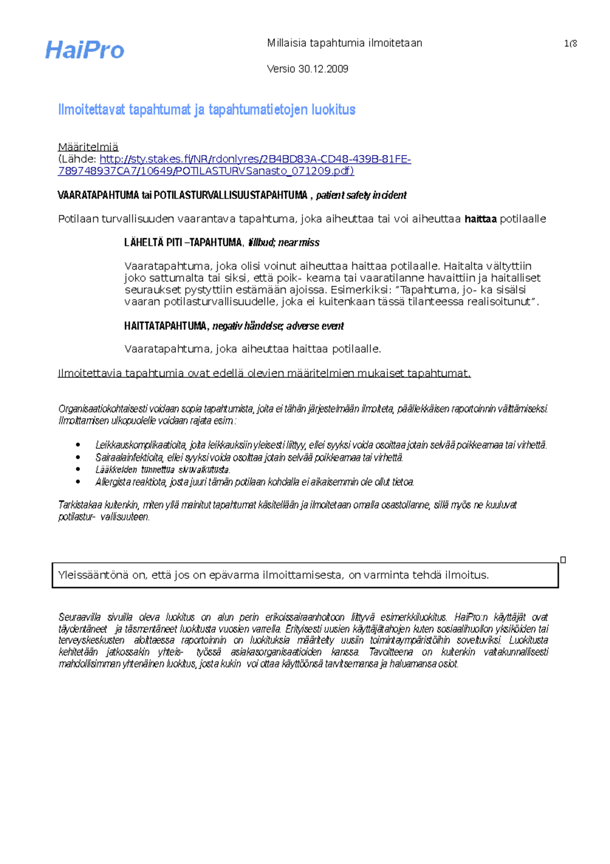 Sample haipro guide - Versio 30. Ilmoitettavat tapahtumat ja ...