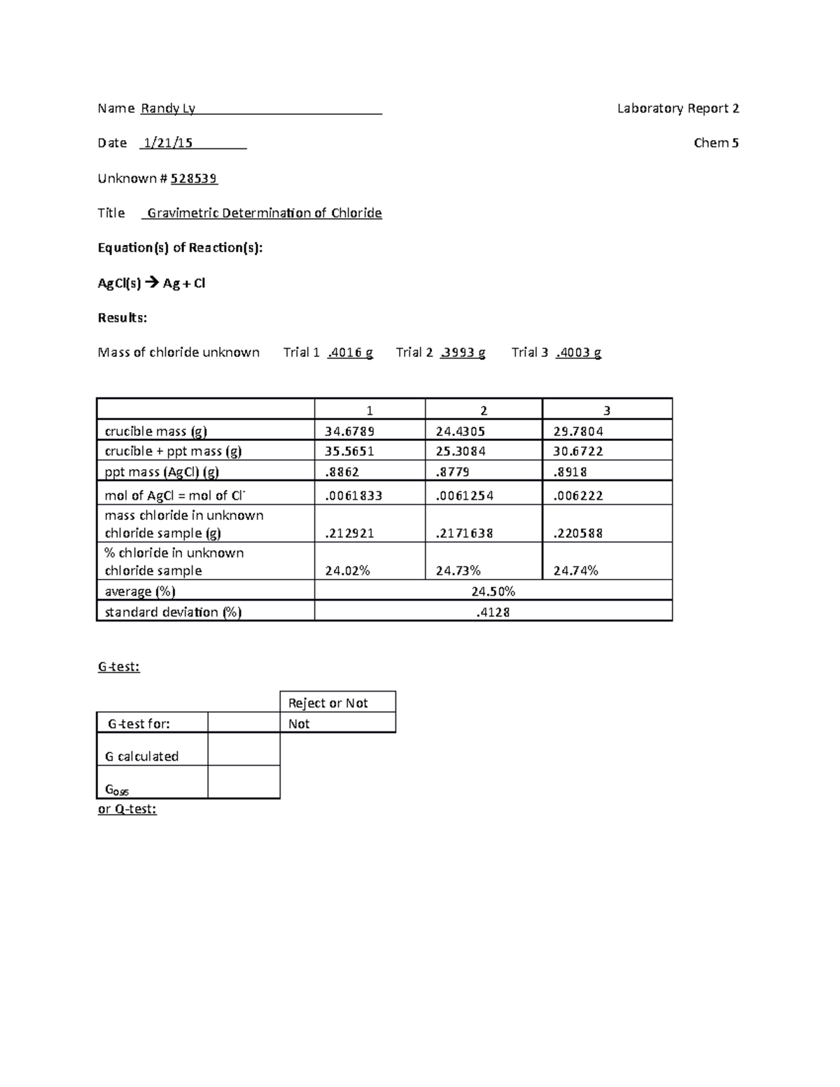 Exp 2 lab report - Chem 005, Winter 2015. Exp 2 post lab - Name Randy ...
