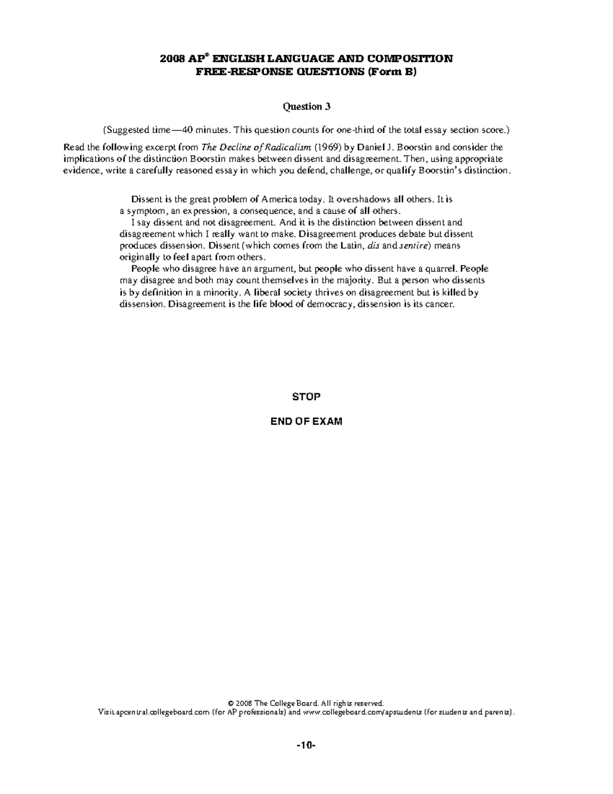 Argument Essay Sample Prompt - 2008 AP®ENGLISH LANGUAGE AND COMPOSITION ...