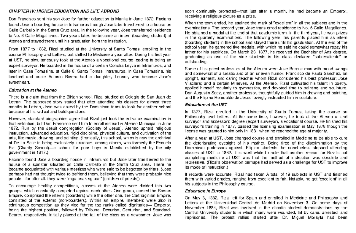 Rizal chapter 4-5 - CHAPTER IV: HIGHER EDUCATION AND LIFE ABROAD Don ...