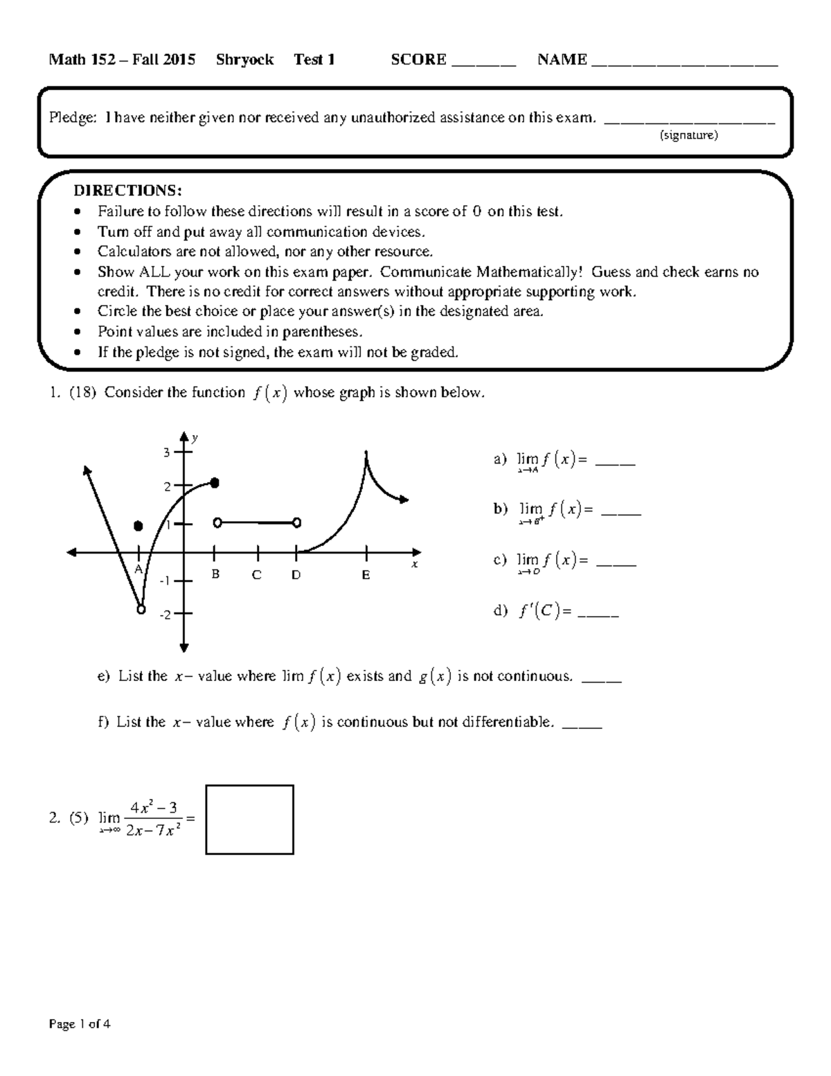 Math+152+Test+1 - Math 152 – Fall 2015 Shryock Test 1 SCORE ...