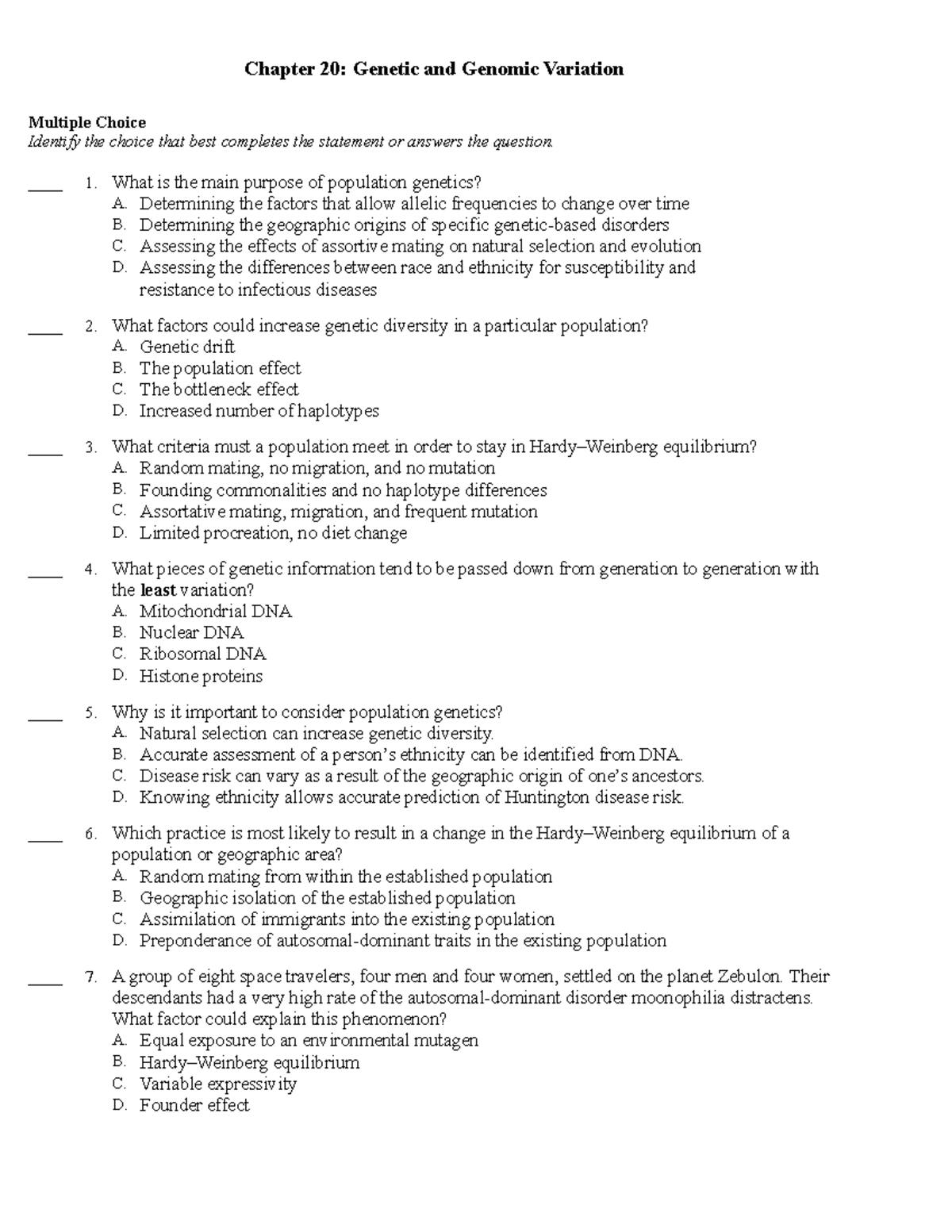CH20 Genetic and Genomic Variatio Practice Questions - Chapter 20 ...