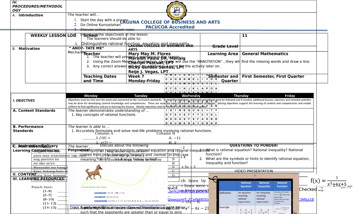 WEEK-7 - GEneral mathematics week 7 - WEEKLY LESSON LOG School LAGUNA ...
