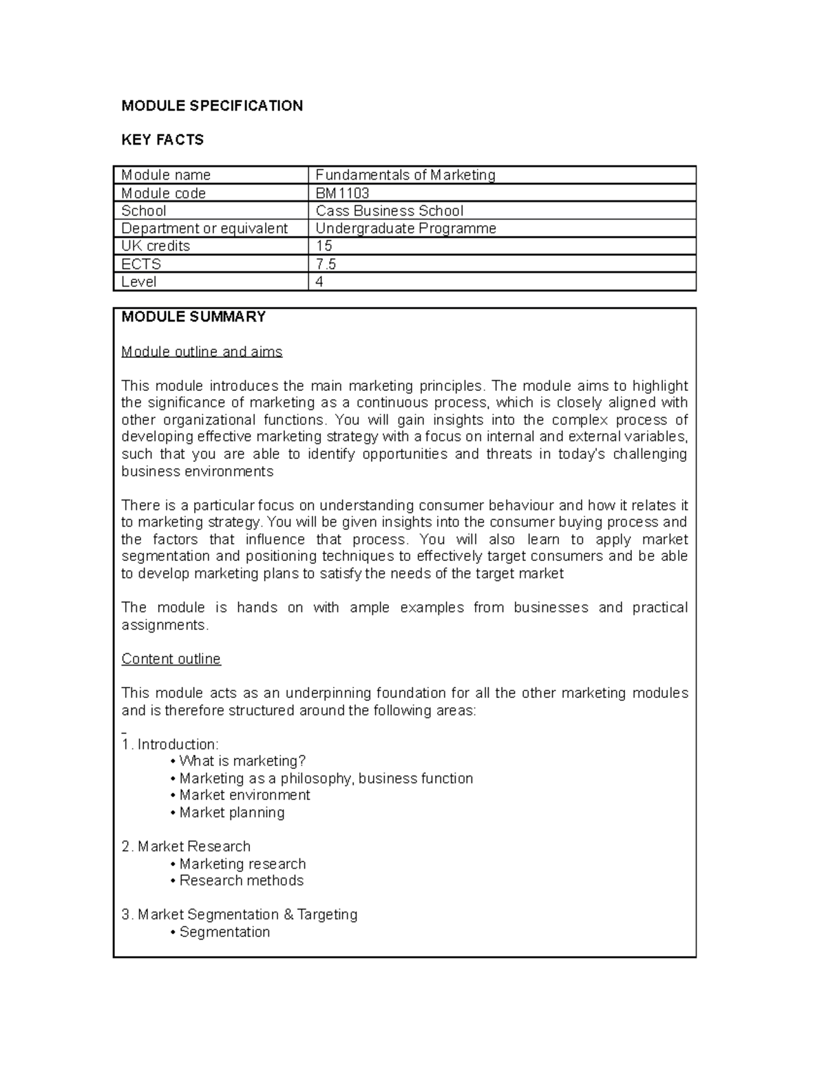 BM1103 - Fundamentals of Marketing - MODULE SPECIFICATION KEY FACTS ...