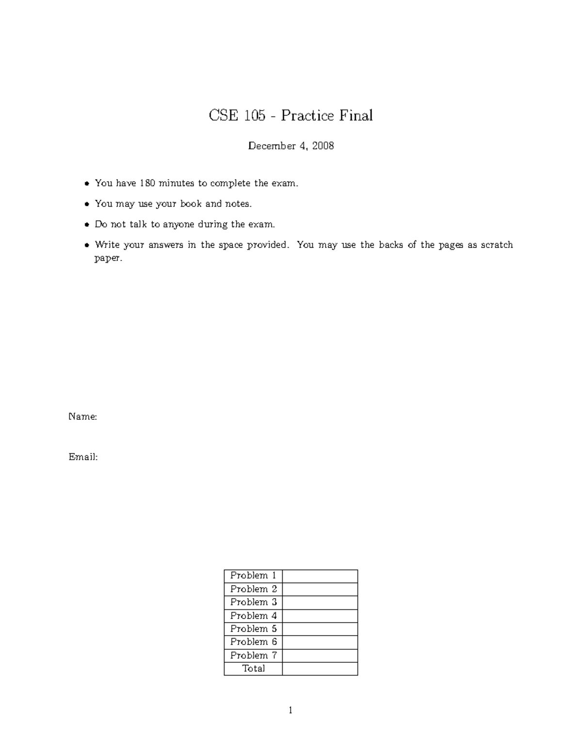 Sample-final 2 - ..... - CSE 105 - Practice Final December 4, 2008 You ...