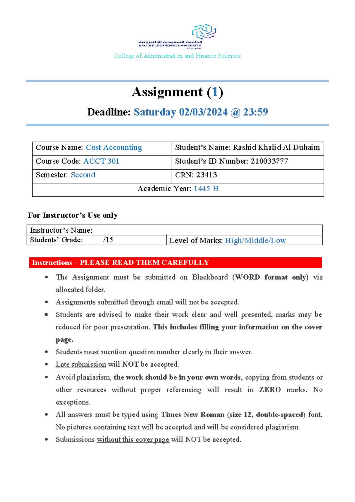 Assignment 1 ACCT 301 Questions (1) - Assignment ( 1 ) Deadline ...