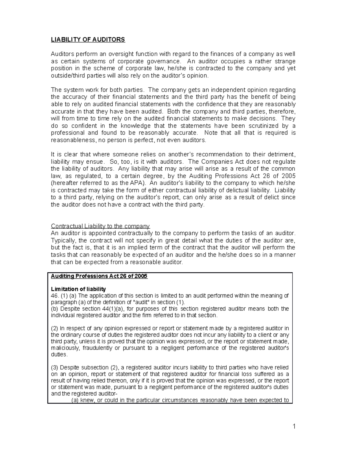Liability OF Auditors Explanatory notes - LIABILITY OF AUDITORS ...