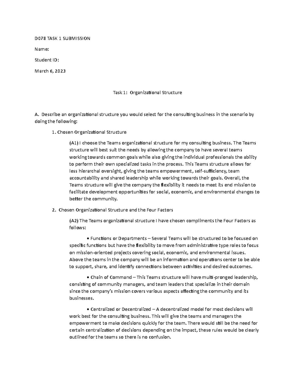 Task 1 D078 - D078 Task 1 - D078 TASK 1 SUBMISSION Name: Student ID ...