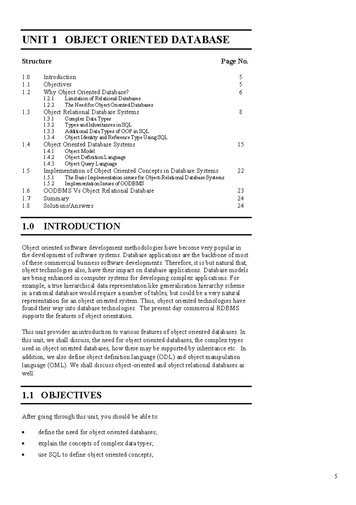Block-3 MS-043 Unit-4 - Object Oriented Database UNIT 1 OBJECT ORIENTED DATABASE Structure 1 1 1 ...