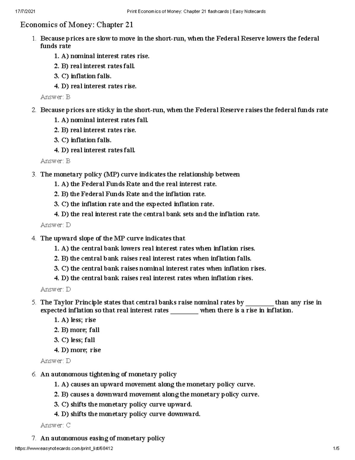 21. Print Economics of Money Chapter 21 flashcards Easy Notecards - 1 ...